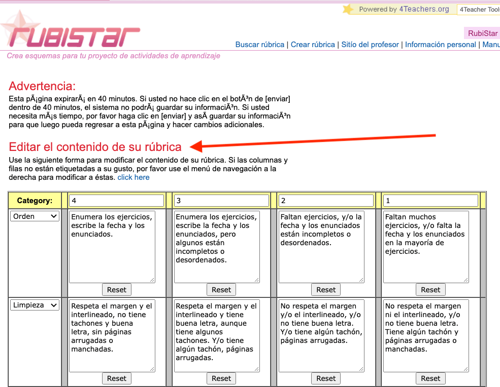 Rubrica de Cuaderno de Clase para Primaria